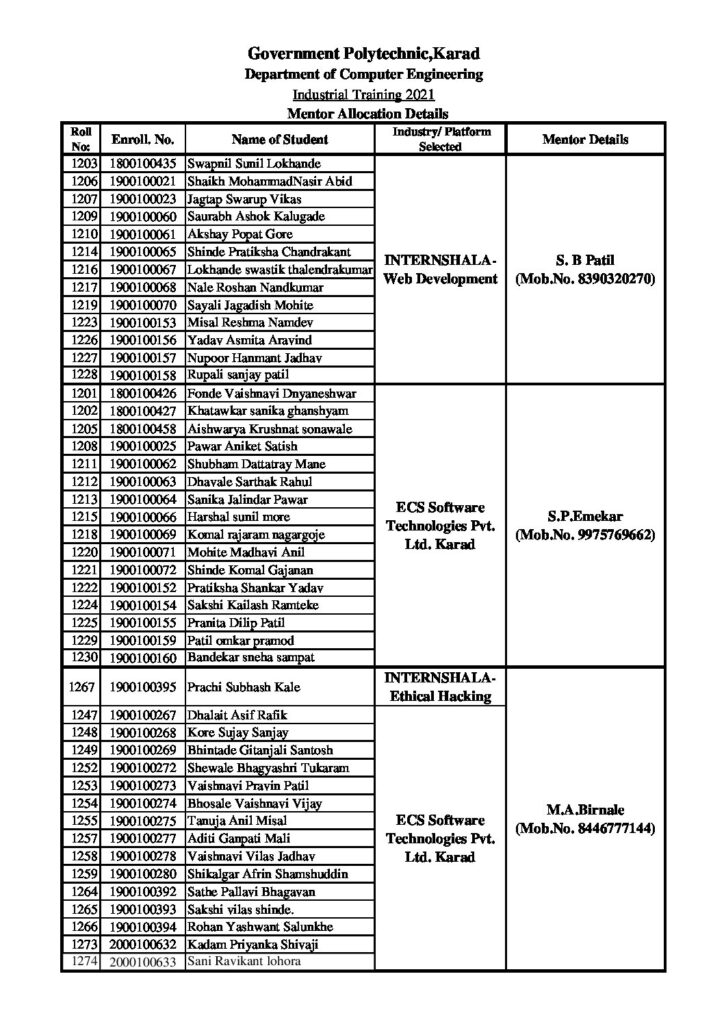 Mentor Allocation – Department Of Computer Engineering